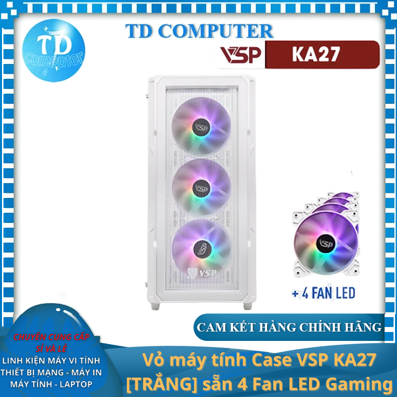 Vỏ máy tính Case VSP KA27 [TRẮNG] sẵn 4 Fan LED Gaming 2 mặt Kính cường lực (ITX, MICRO-ATX, ATX ...