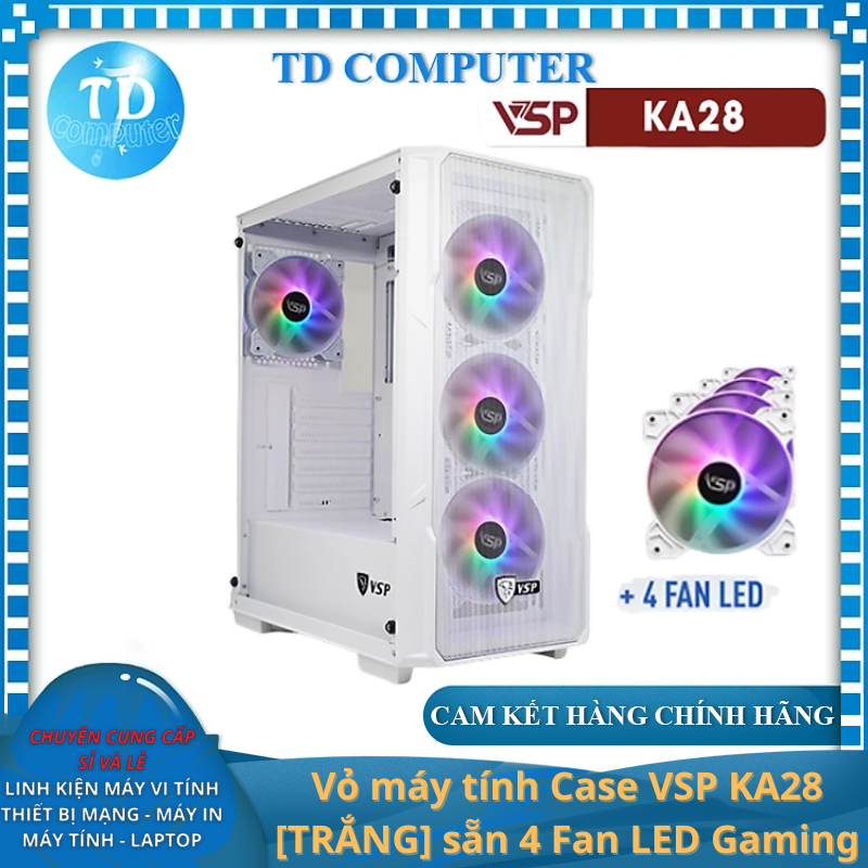 Vỏ máy tính Case VSP KA28 [TRẮNG] sẵn 4 Fan LED Gaming Kính cường lực (ITX, MICRO-ATX, ATX ...