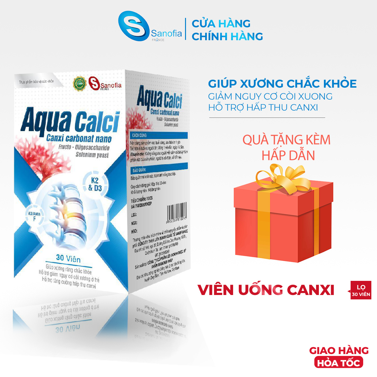 Viên uống Bổ sung canxi Aqua Canxi Lọ 30 viên và vitamin D3 Giúp chắc xương, răng chắc khỏe phát ...