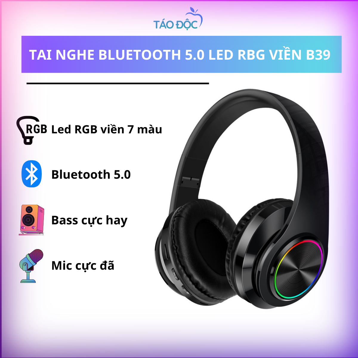 Tai nghe bluetooth chụp tai Led B39 Có Mic - Âm Bass Mạnh Mẽ Nghe Nhạc Cực Hay, bluetooth 5.0 ...
