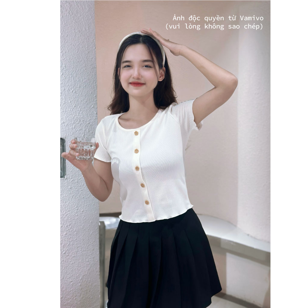 Áo thun kiểu nữ ATK02, áo thun trơn nữ viền bèo khuy hoa chất tăm Hàn thương hiệu Vamivo, may kỹ ...