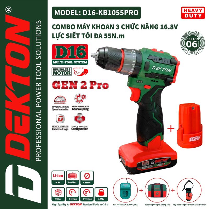 Máy Khoan Pin Dekton D16-KB1055Pro - 3 Chức Năng Có Búa - Lực Siết 55N.m - Không Chổi Than - Đầu ...