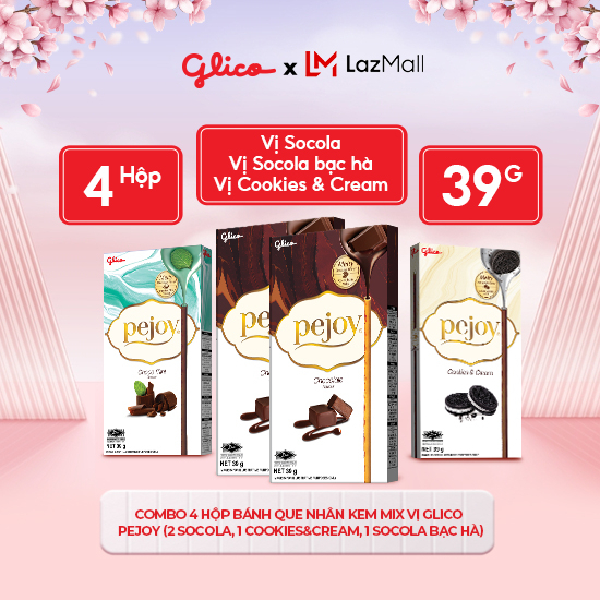 Combo 4 hộp Bánh que nhân kem mix vị GLICO Pejoy (2 Chocolate 1 Cookies & Cream 1 Choco Mint ...