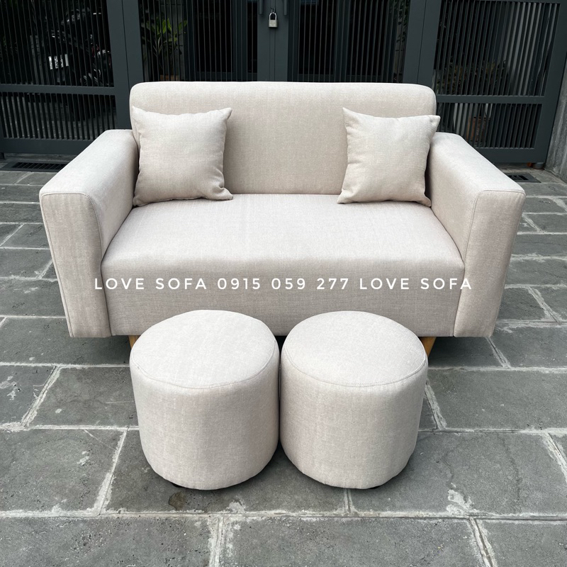 Bộ băng ghế sofa tay vuông 1m4, 1m7 kèm đôn gối màu kem vải bố mịn ...