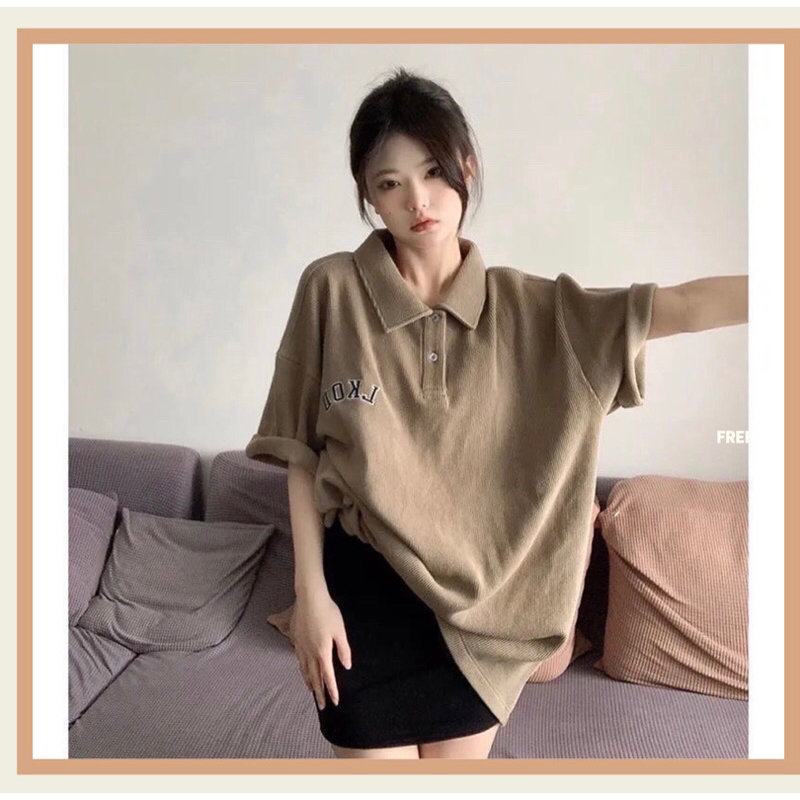 Áo thun Polo Tổ Ong thêu Lkoo unisex form rộng tay lỡ vintage cổ bẻ ...