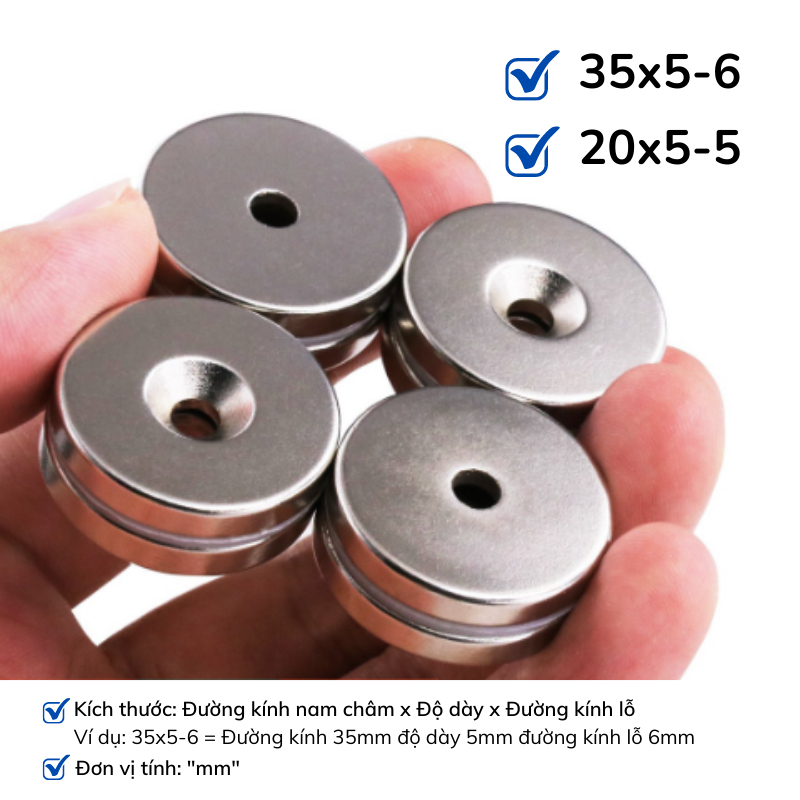 Nam châm tròn có lỗ kích thước 35x5 lỗ 6mm, 20x5 lỗ 5mm lực từ mạnh N35 ...