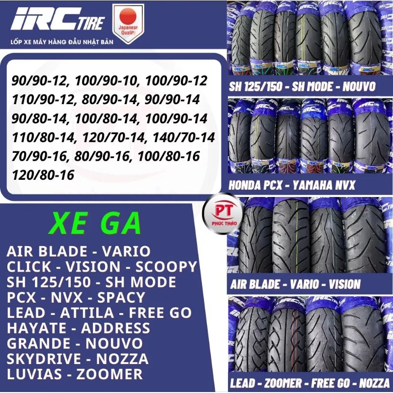 Vỏ IRC xe ga SH 125/150, PCX, NVX, SH Mode, Lead, Free Go, Zoomer, Scoopy, Vario, Click, Vision ...