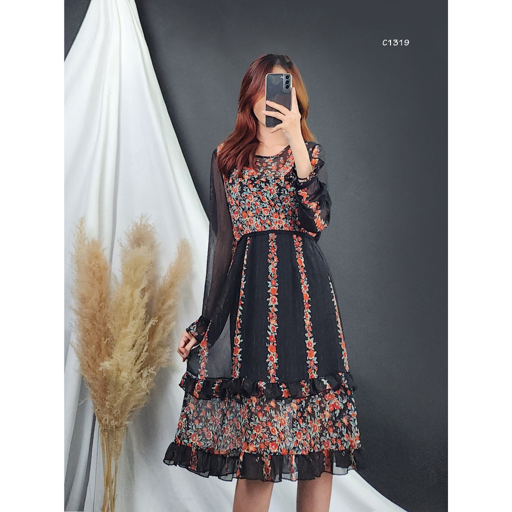 C1319- Đầm voan Stella And Julie cổ tròn tay dài loe bèo tầng hoa lá 2 ...