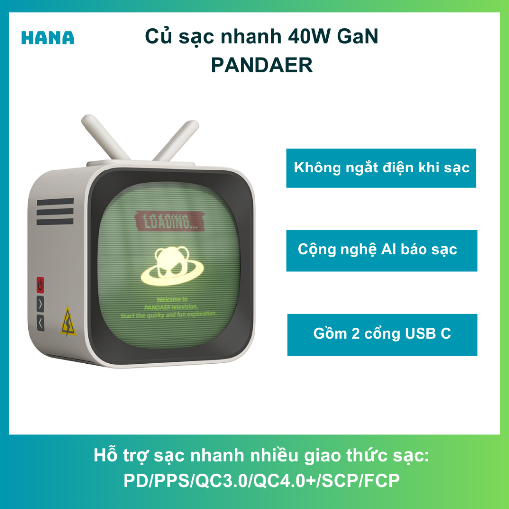 Củ sạc nhanh không ngắt điện Pandaer 40W 2 cổng Ai GaN PD/PPS/QC4/SCP/FCP - Bảo hành 6 tháng ...
