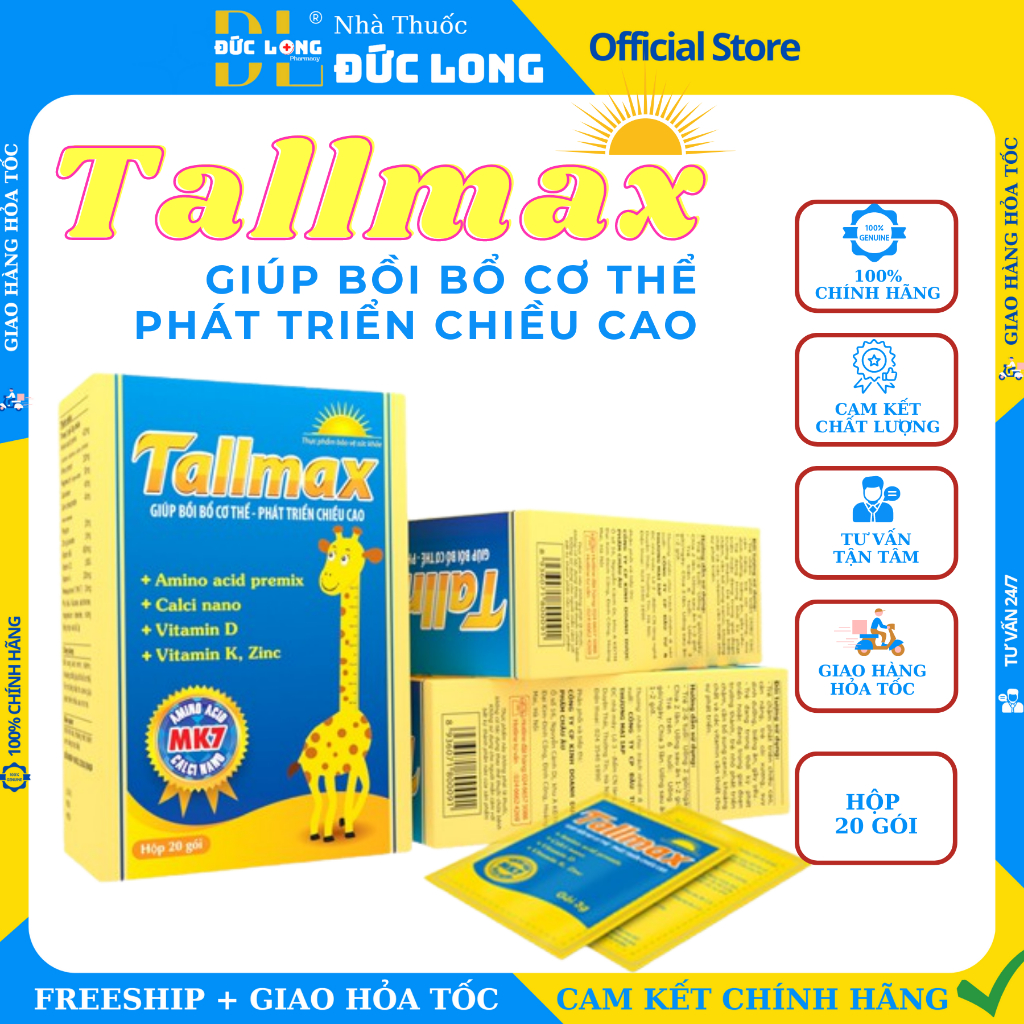 Tallmax Cùng trẻ cao lớn mỗi ngày - Bổ sung acid amin, vitamin, khoáng chất - Hộp nhỏ 20 gói x ...