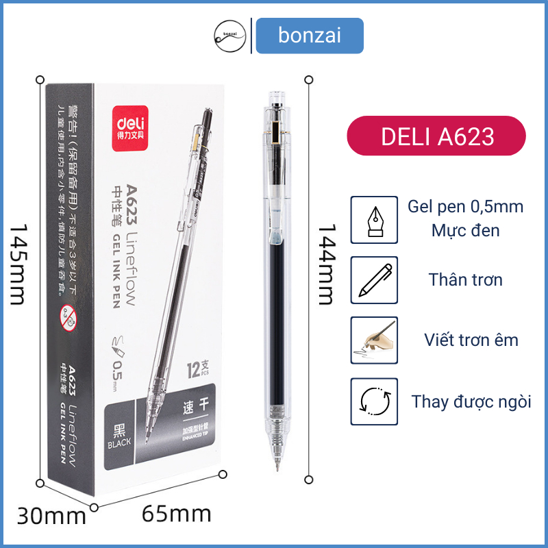 Bút gel Deli A623 thiết kế trong suốt ngòi 0,5mm mực đen nhanh khô viết ...