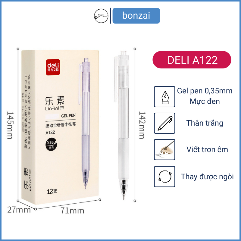 Bút gel Deli thiết kế vỏ trong suốt ngòi 0,35mm mực đen A122 (Hàng ...