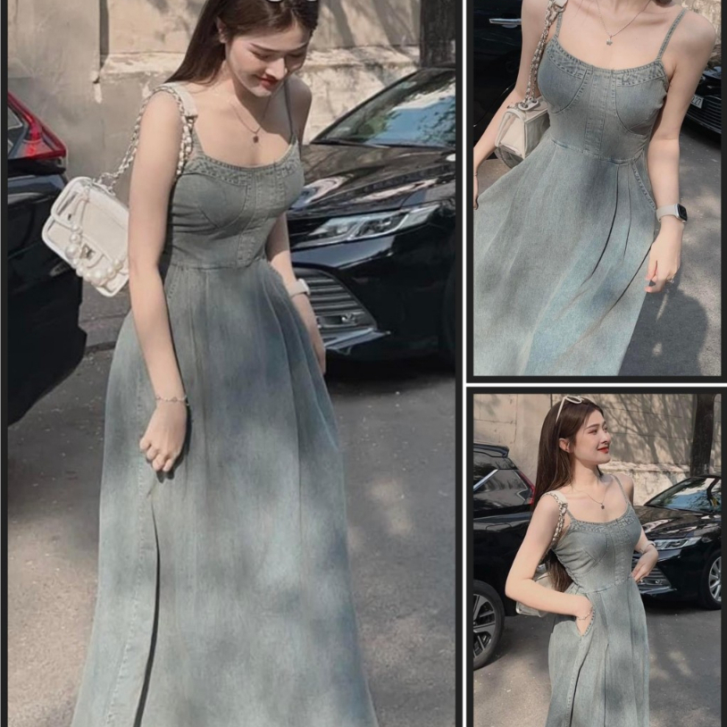 Váy 2 dây jean chun lưng sau dáng maxi xòe dài chất bò quảng châu màu ...