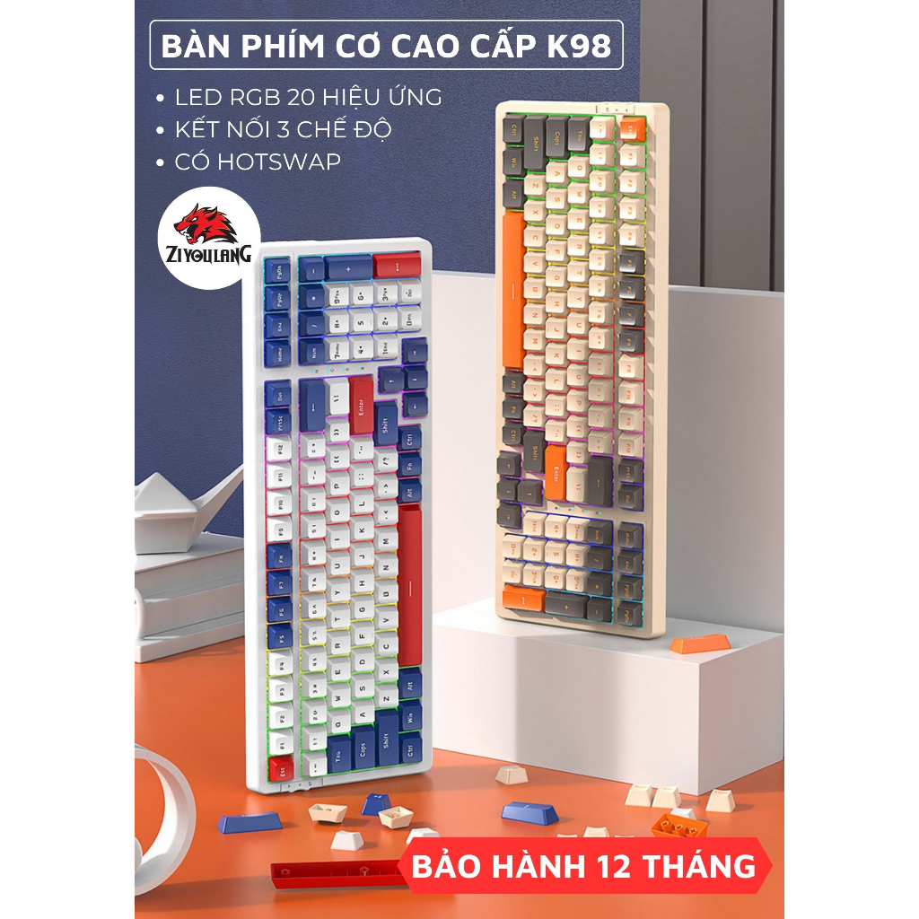 Bàn Phím Cơ Không Dây Bluetooth ZiyouLang K98 PRO Full Size LED RGB Có Hotswap Lót Foam Gõ Cực ...