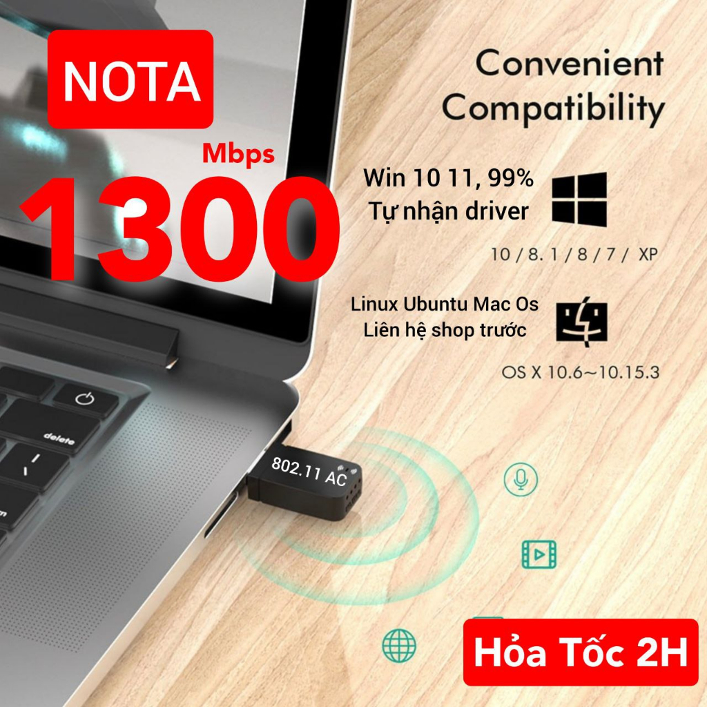 [Hỏa Tốc] Bộ thu wifi USB 5G 1300 Mbps + râu dài hút wifi xa kích wifi ...