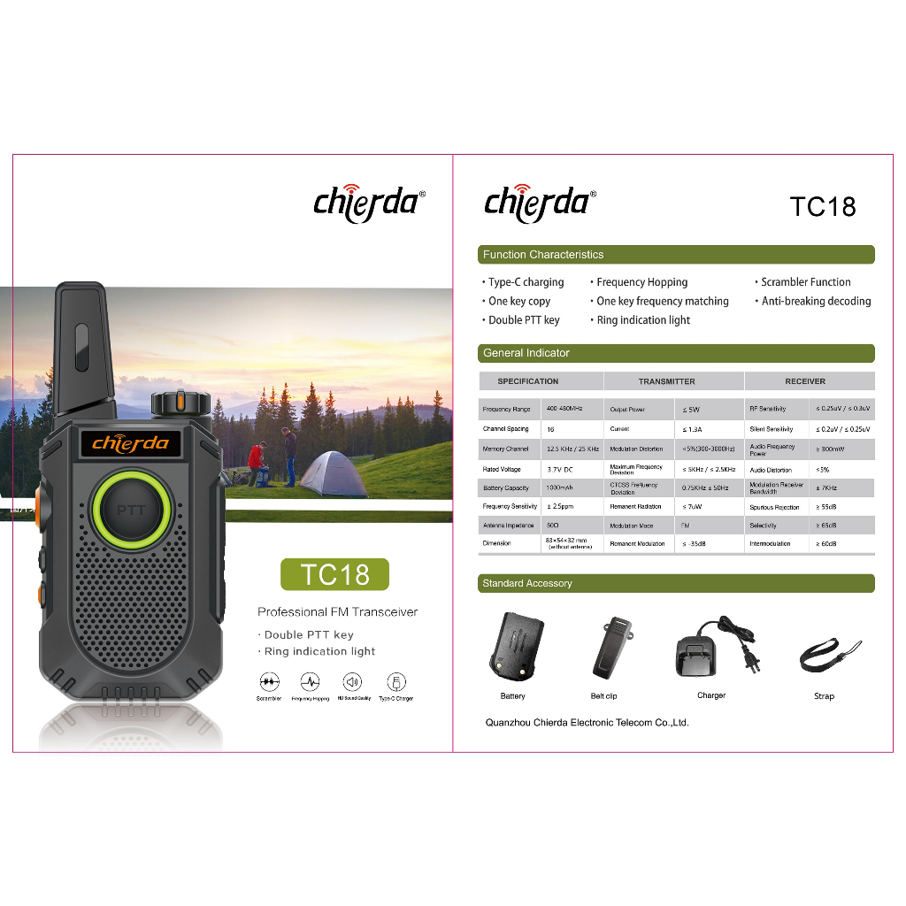 Bộ Đàm Chierda TC-18 Siêu nhỏ, Cự ly liên lạc 1-1,5Km, Tự sao chép tần ...