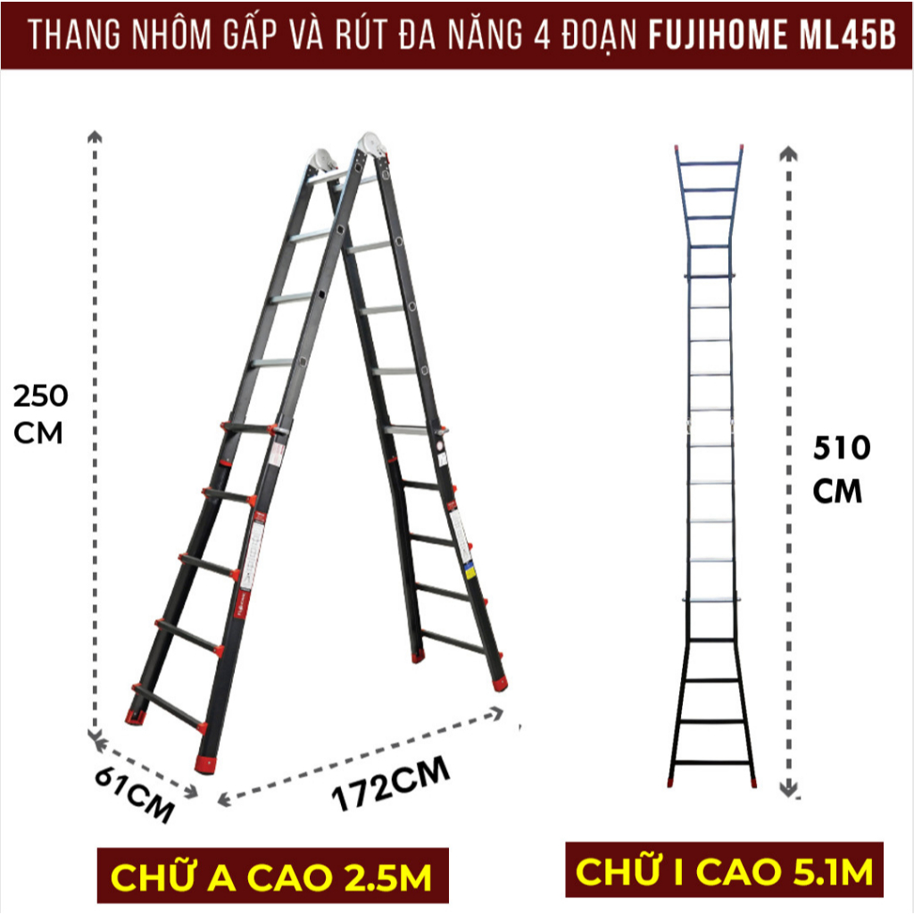 Thang nhôm gấp trượt chữ A 5.1M Nhập Khẩu đa năng chống trượt, thang ...