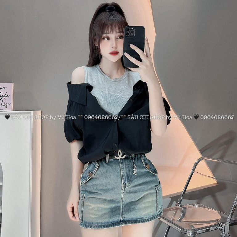 Áo sơ mi phối trễ vai đủ 3 màu phong cách hàn quốc xịn cho các nàng ...