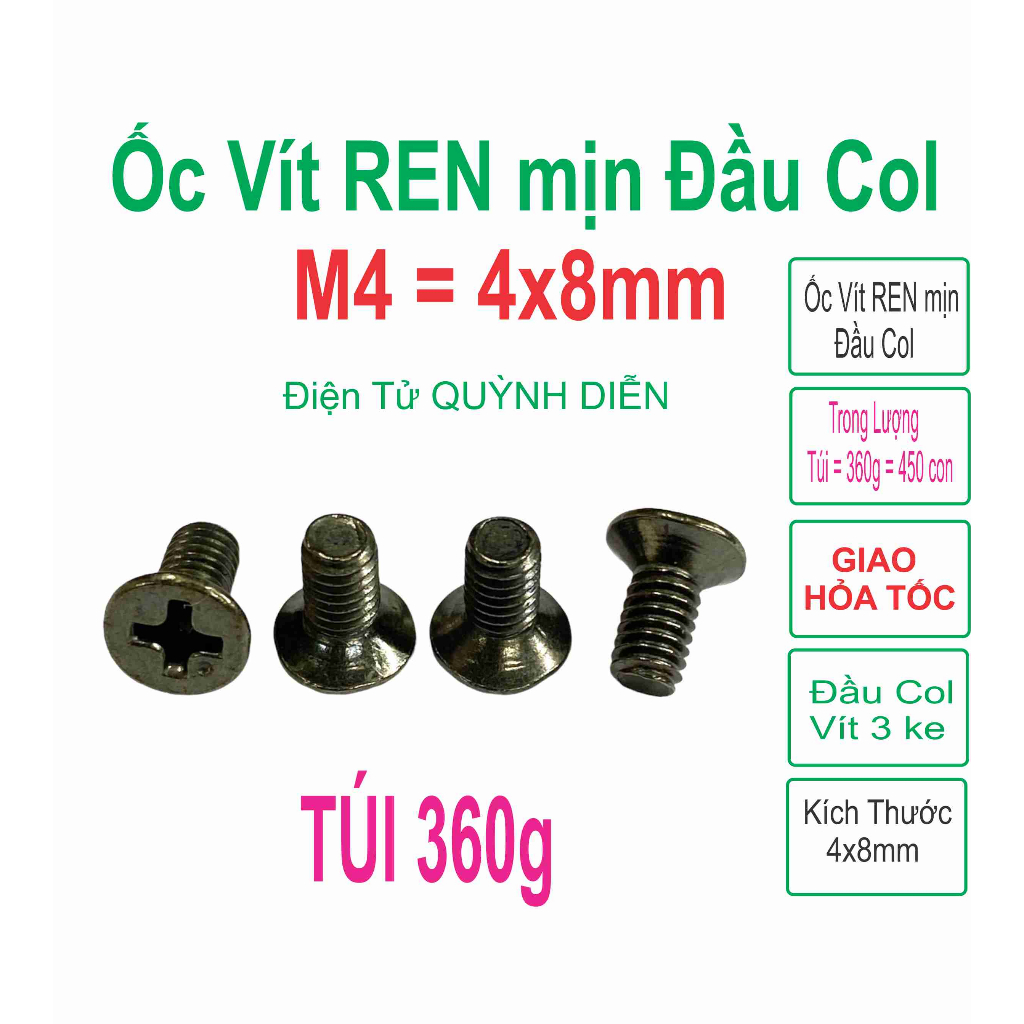 Ốc vít đầu COL M4 REN mịn 4mm dài 8mm số lượng 360g 1 Túi khoản 450 con ...