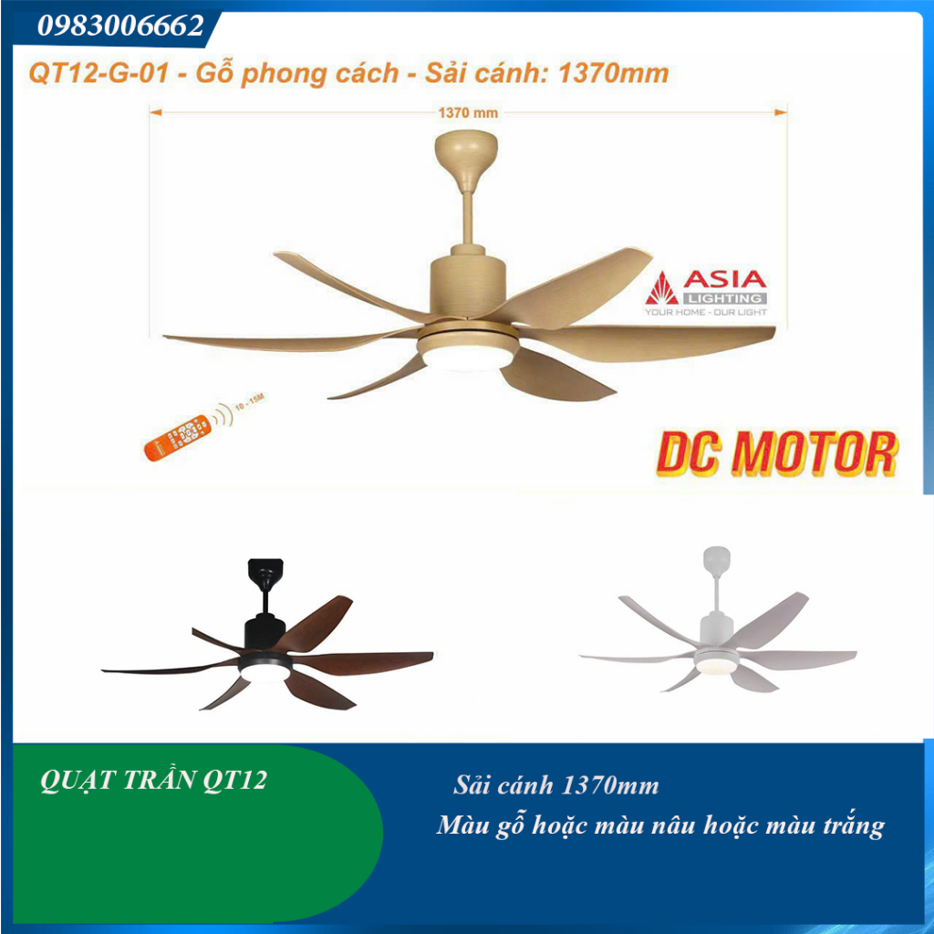 [CHÍNH HÃNG] Quạt trần QT12 Asia có đèn động cơ DC sải cánh 1370mm ...