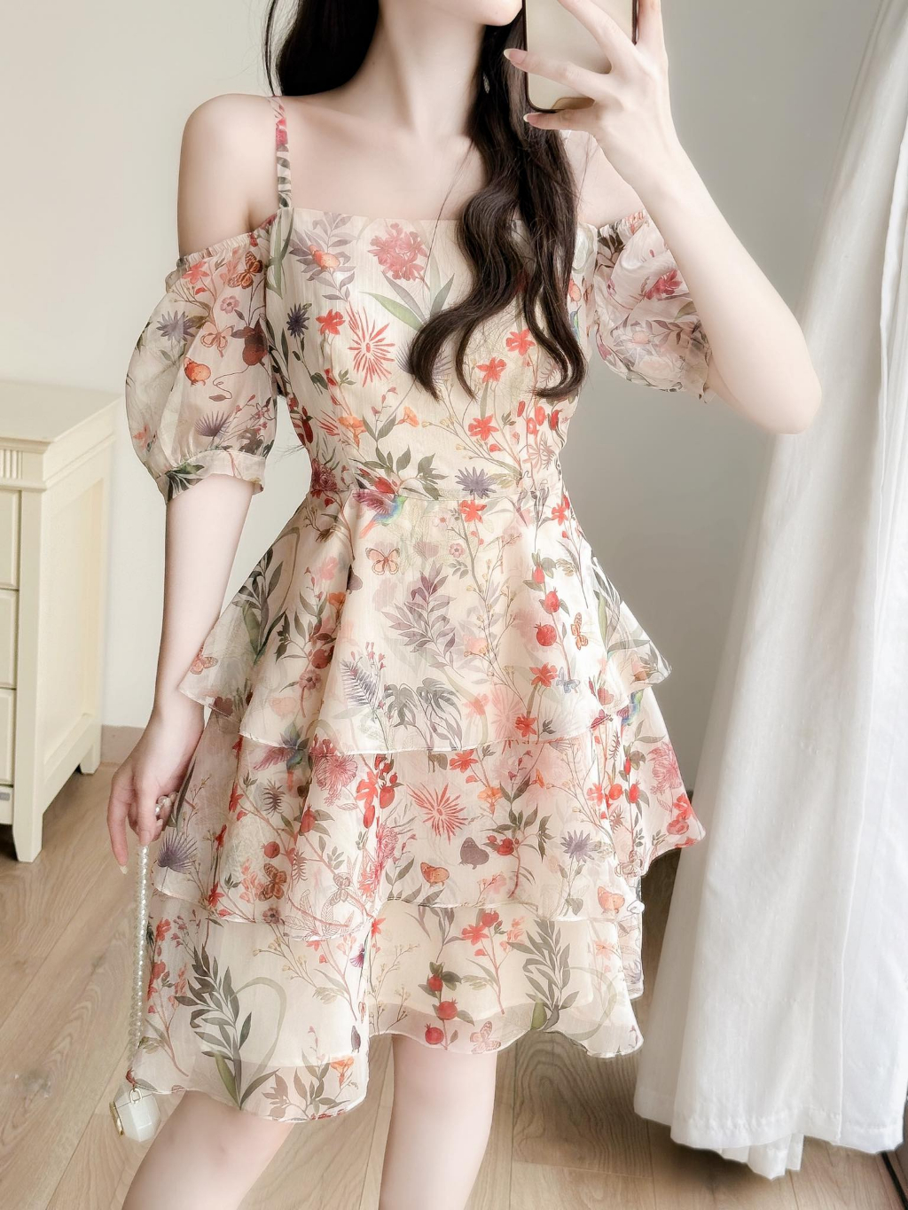 MYAN DESIGN Váy Voan Hoa 2 Dây Trễ Vai Tay Bồng 3 Tầng Thắt Nơ Eo Dáng ...
