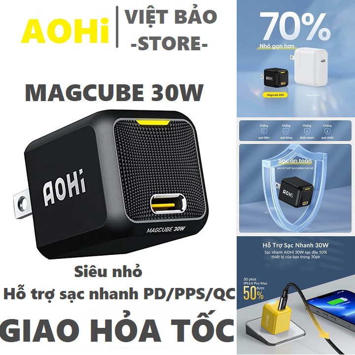 Củ sạc nhanh 30W siêu nhỏ AOHI MAGCUBE PD Mini Fast Charger AOC-C001 hỗ trợ PD3.0/PPS/IQ ...