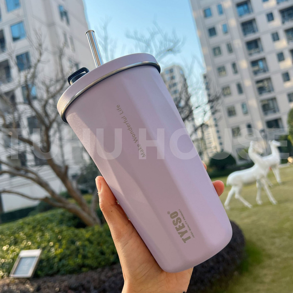 Ly bình giữ nhiệt khắc tên TYESO 600ml inox 304 cao cấp chống gỉ, ly cốc giữ nhiệt có ống hút ...