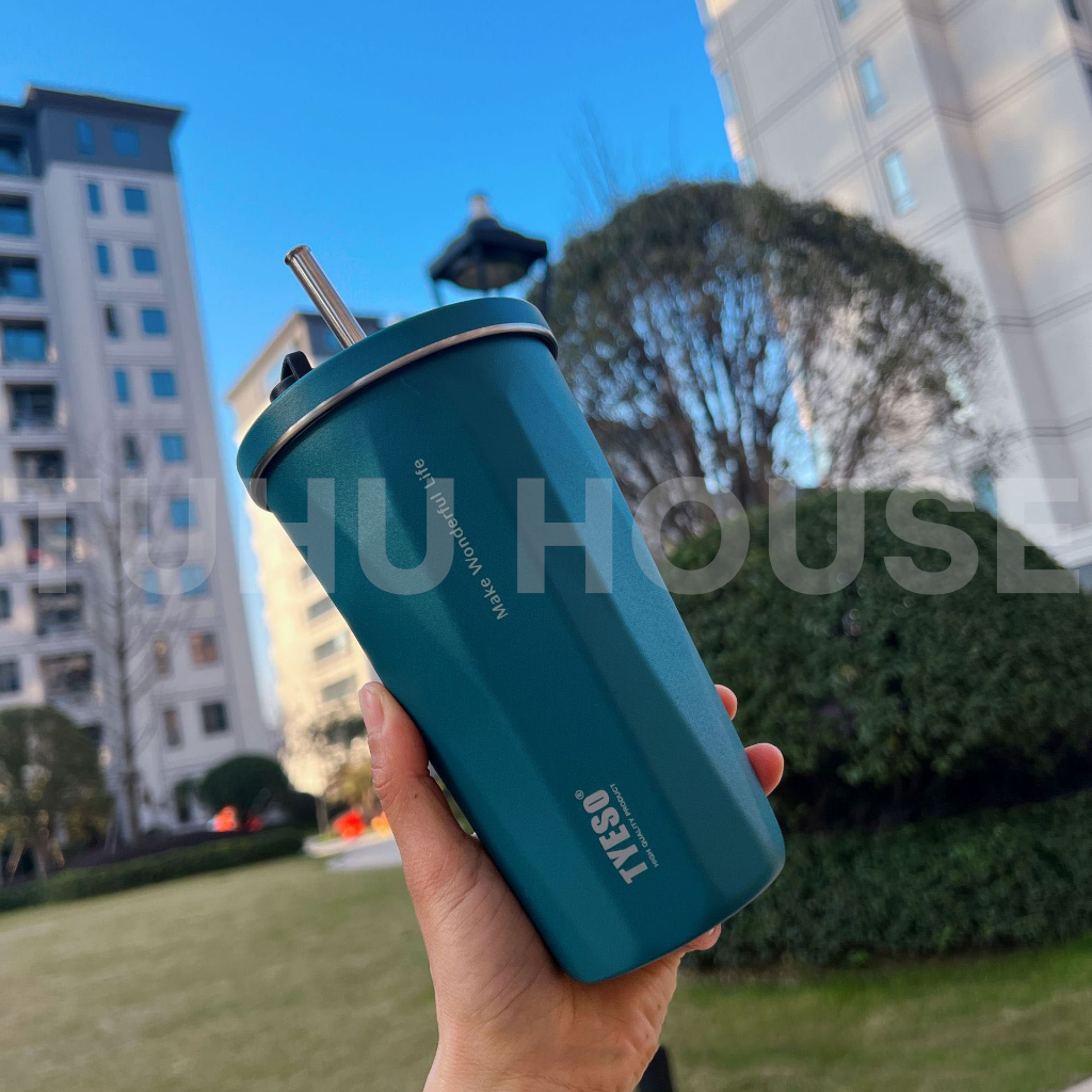 Ly bình giữ nhiệt khắc tên TYESO 600ml inox 304 cao cấp chống gỉ, ly cốc giữ nhiệt có ống hút ...