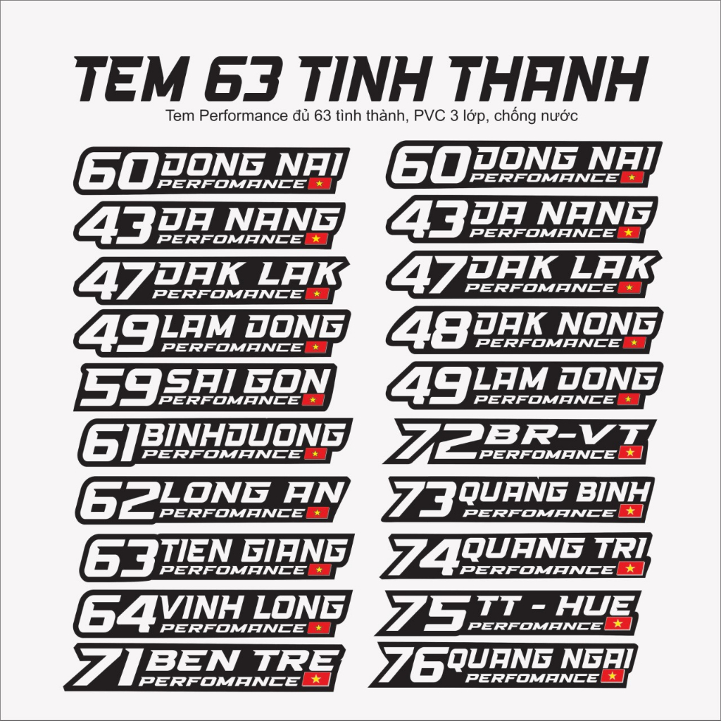 Tem Performance 63 tỉnh thành. Tem dán xe 63 tỉnh. | Shopee Việt Nam