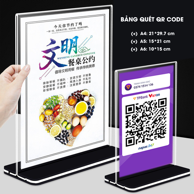 Bảng quét mã QR, QR code để bàn 2 mặt mica trong suốt cao cấp ,menumica ...