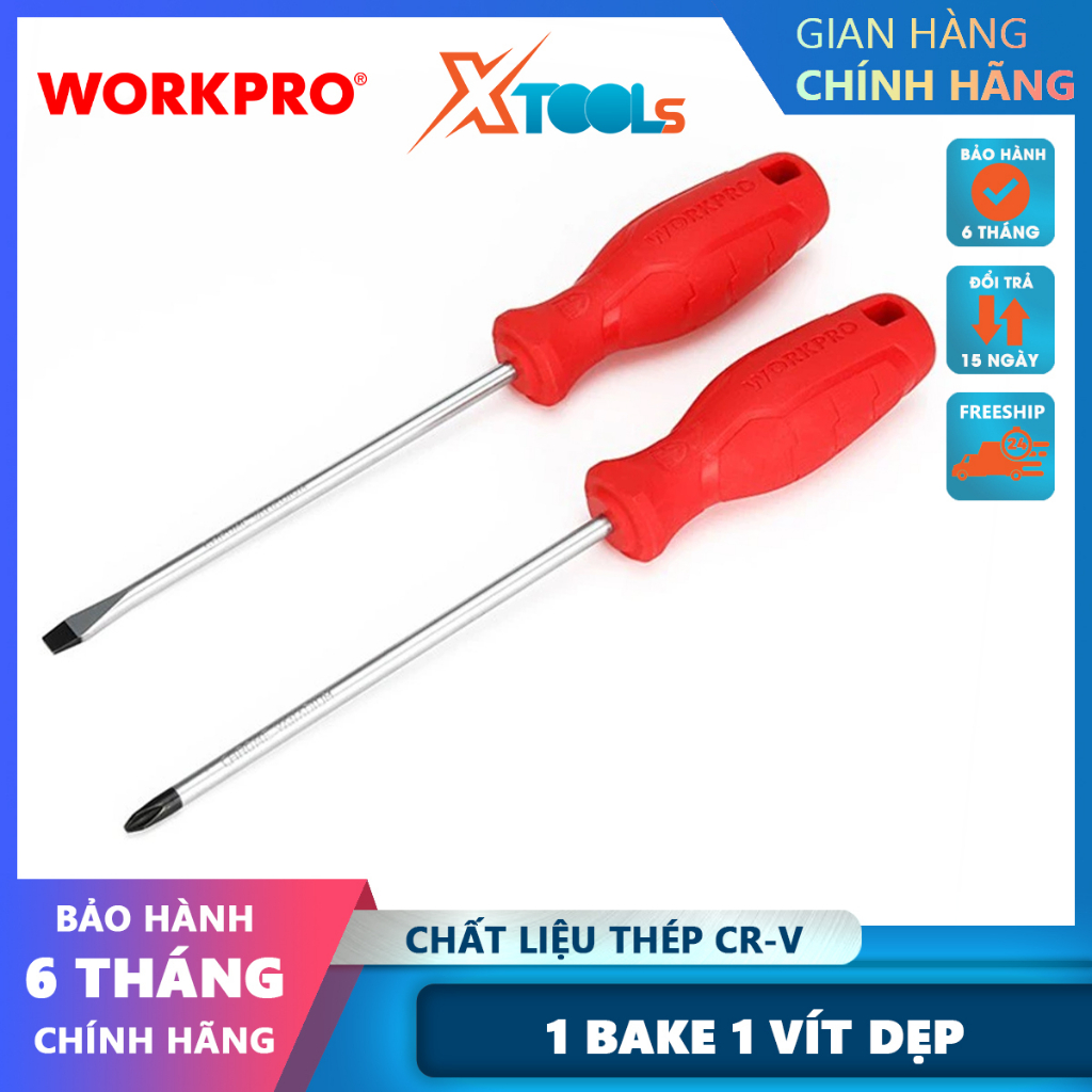 Bộ Tua vít 2 cái gồm (1 cái đầu hoa khế, 1 cái đầu dẹt) , thép hợp kim CR-V Workpro - WP200500 ...