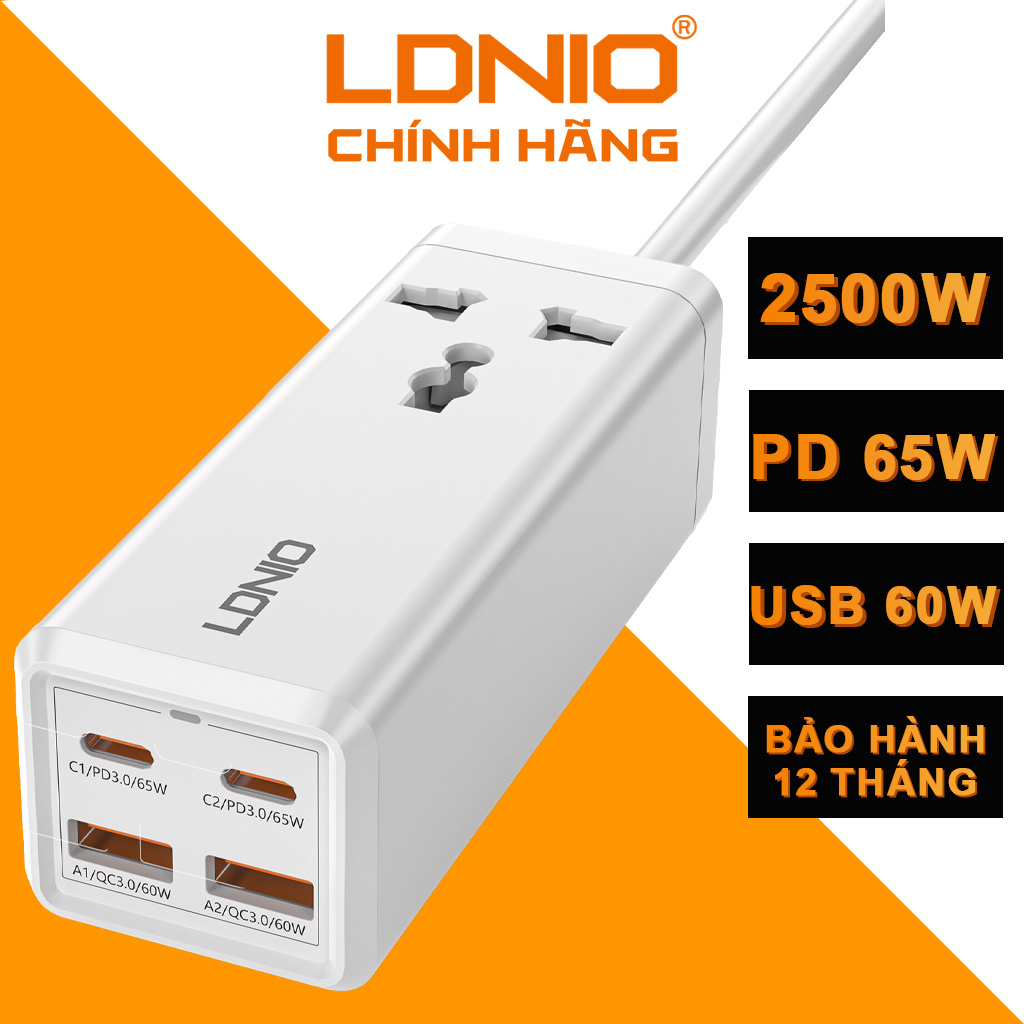 Bộ Sạc 65W Chính Hãng LDNIO SC-1418 Dây Dài 2M Hỗ Trợ 1 Ổ Cắm Điện, 2 Cổng Ra Type C 65W - 2 ...
