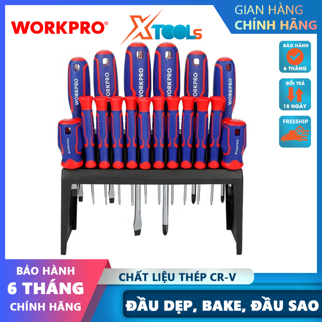 Bộ Tua vít 18 cái gồm các tua vít đầu hình hoa khế, đầu dẹt, đầu sao, thép hợp kim CR-V Workpro ...