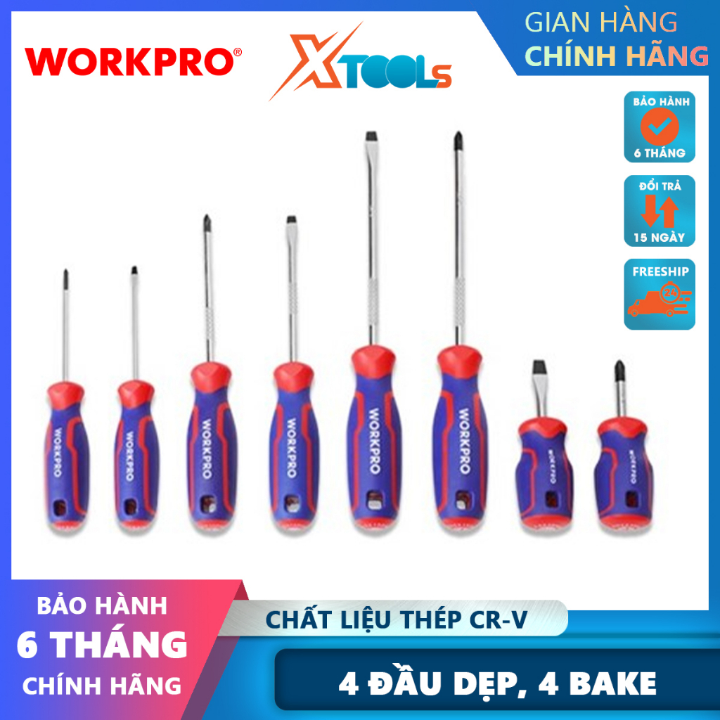 Bộ Tua vít 8 cái gồm ( 4 cái đầu hình hoa khế, 4 cái đầu dẹt), thép hợp kim CR-V Workpro ...