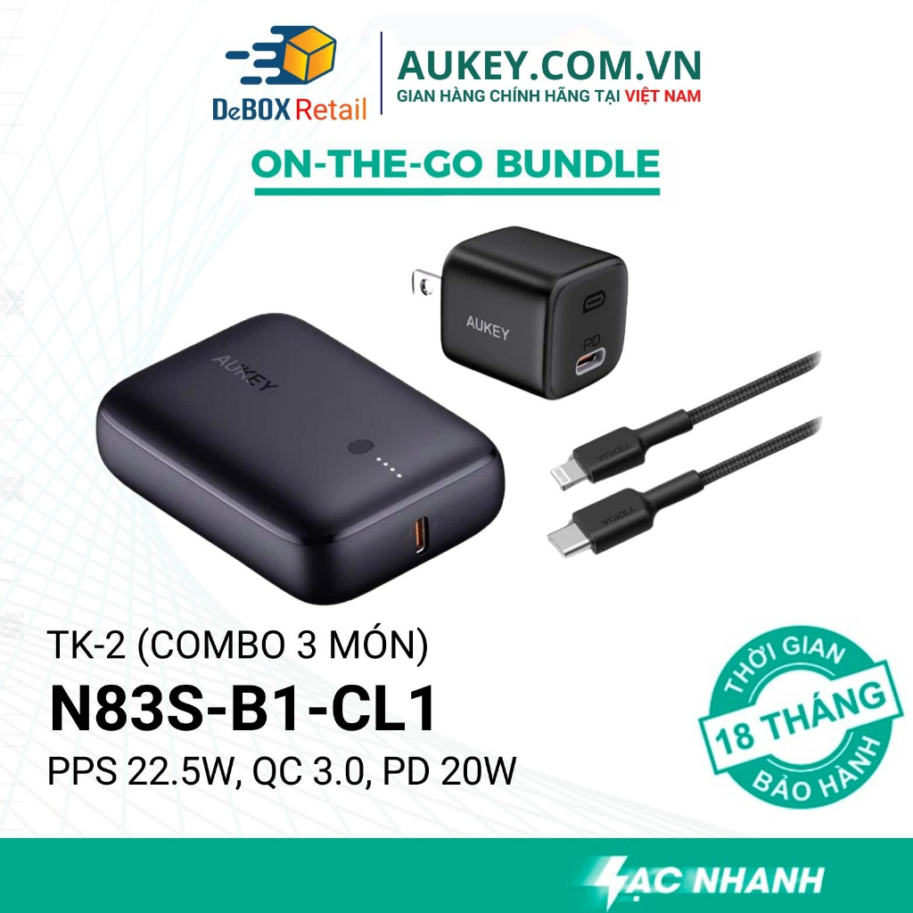 COMBO Bundle ON-THE-GO 3 trong 1 AUKEY TK-2 AUKEY (SDP N83S 10.000mAh, Cốc B1 20W, Cáp PD CL1 ...