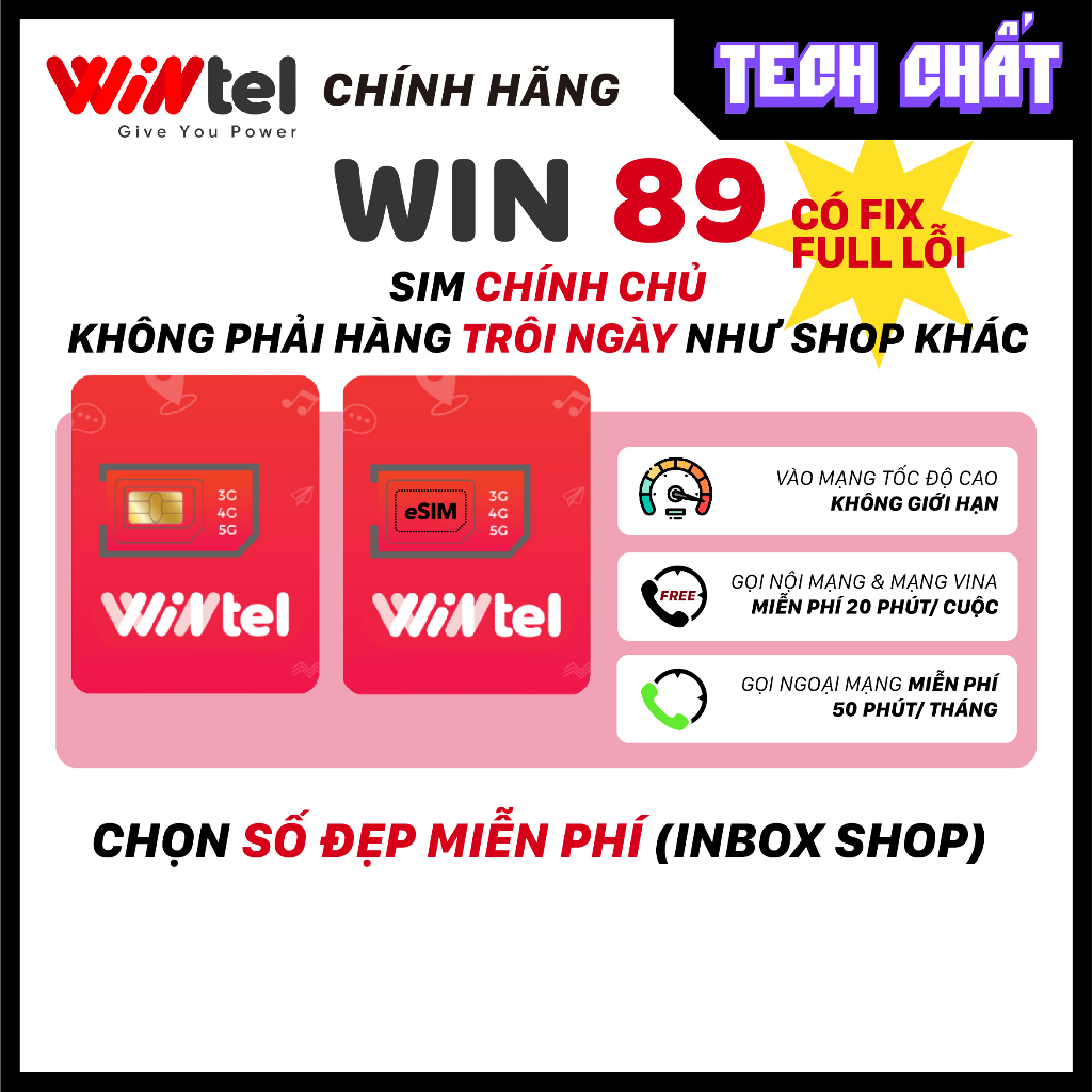 Sim Wintel Win 89 số đẹp DATA vô hạn có eSim tặng kèm que chọc sim vào ...