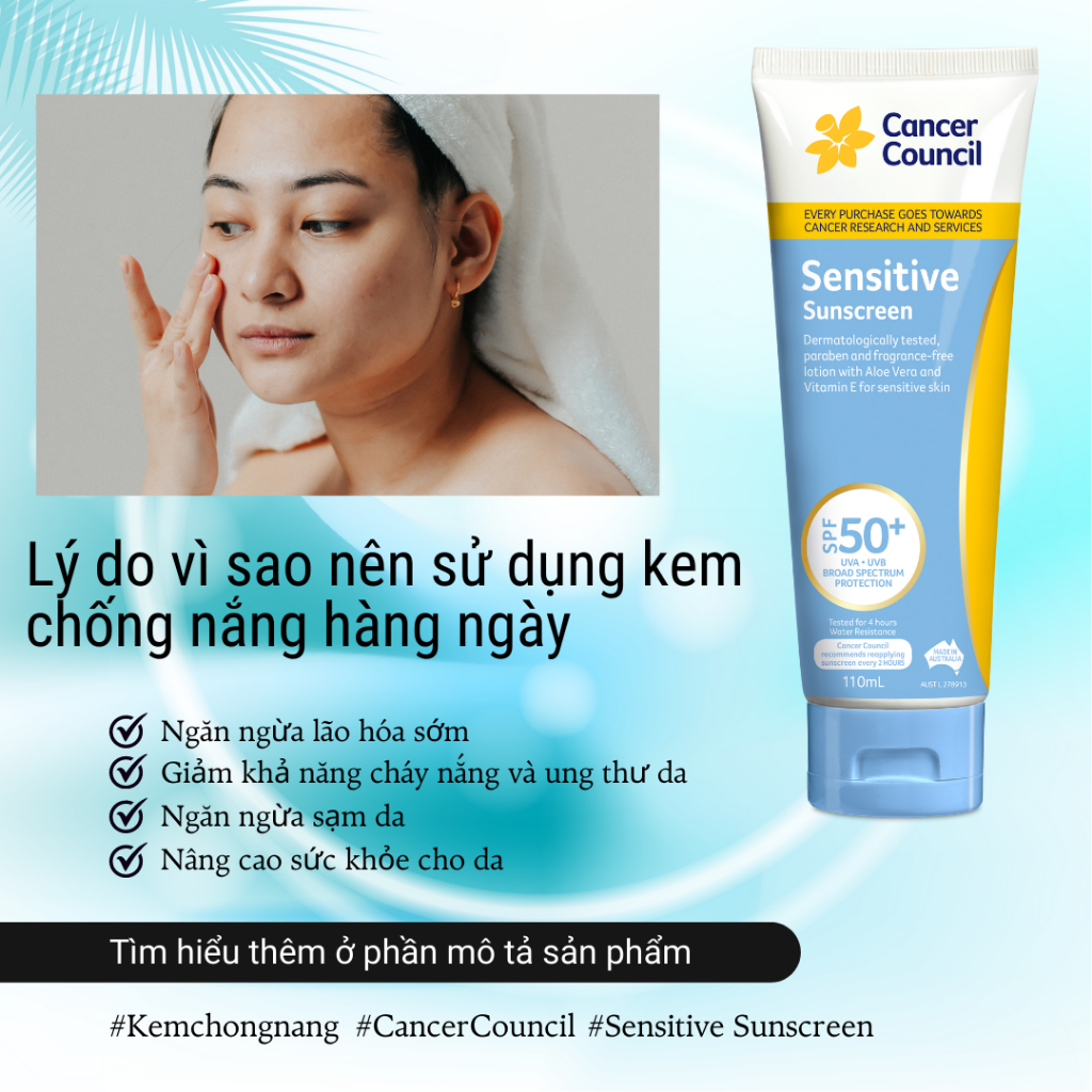 Kem Chống Nắng Cancer Council Sensitive SPF50+/PA++++ 110ml Dành Cho Da ...