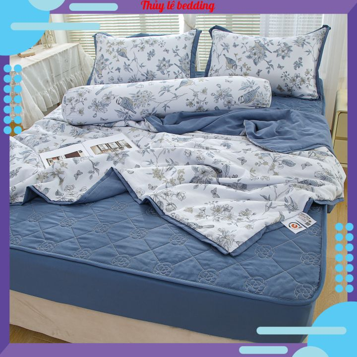 Set 5 món chăn ga gối đũi ga trần bông bọc đệm, ga gối cotton đũi chăn ...