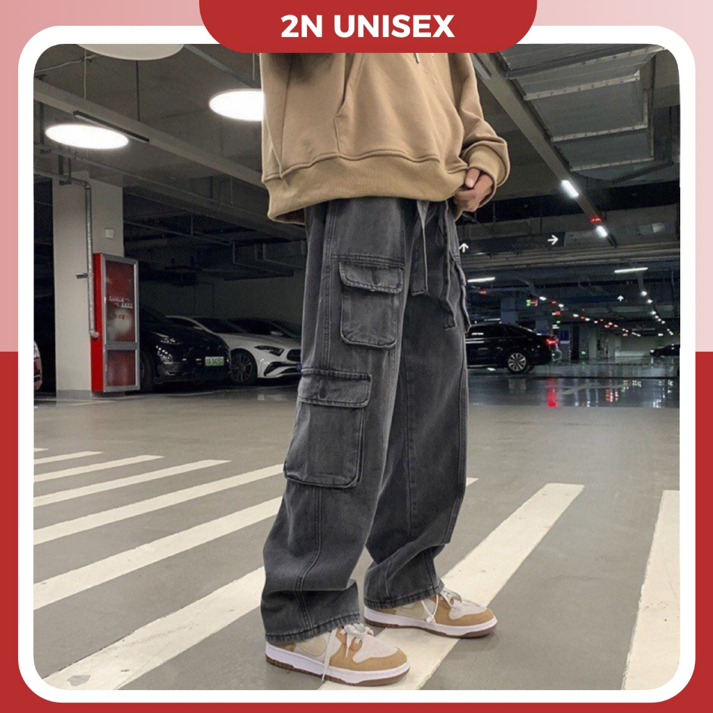 Quần jean túi hộp ống rộng nam nữ 2N Unisex cargo pants màu xám thời ...