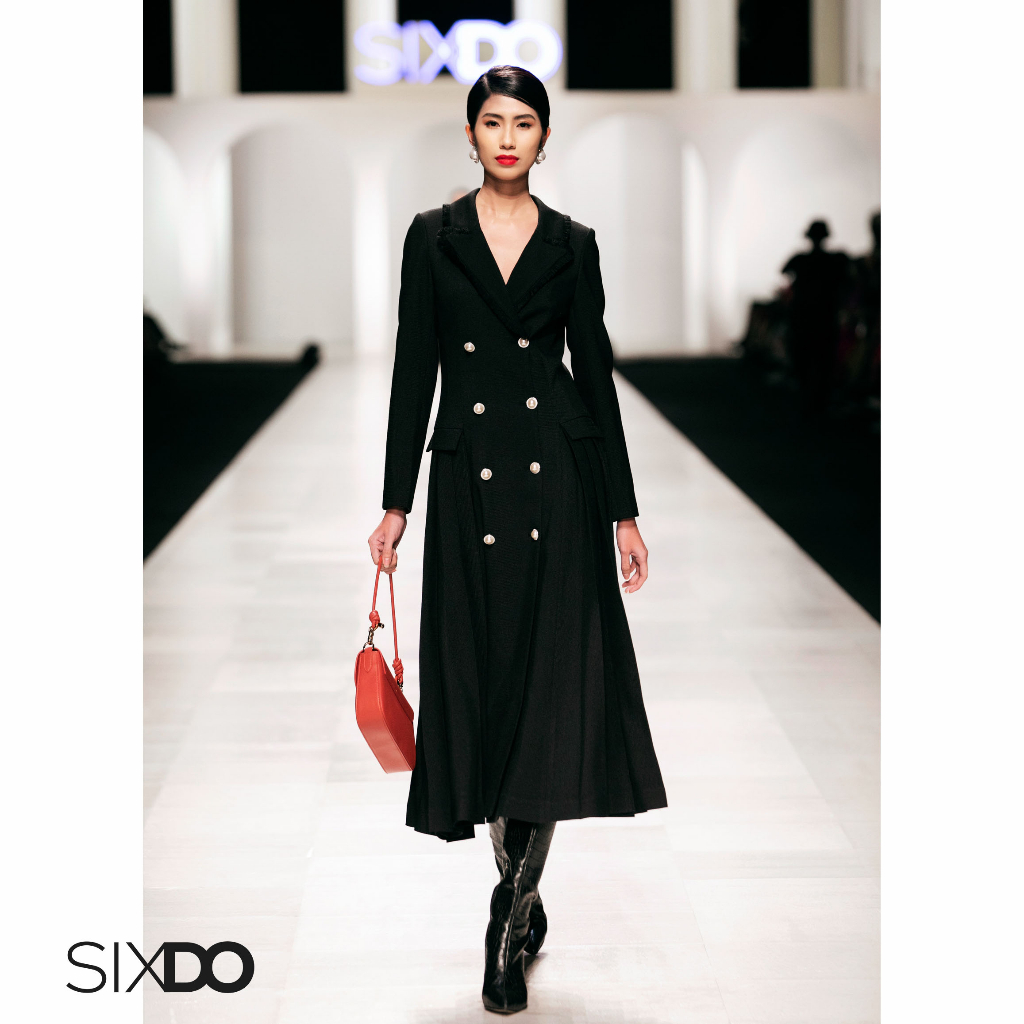 Đầm đen dài tay cổ vest thời trang SIXDO (Black Coat Midi Raw Dress ...