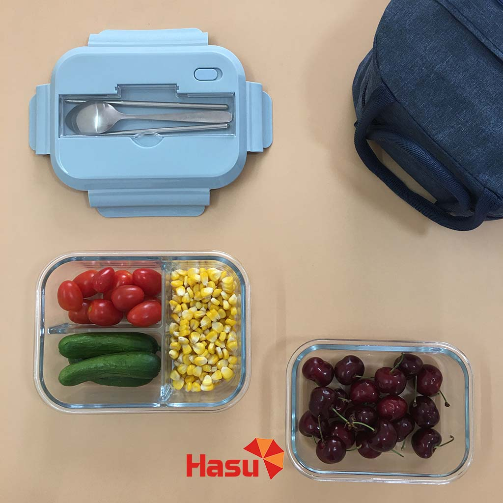 Hộp đựng cơm thủy tinh văn phòng kèm bộ đũa thìa inox chia ngăn 3 - 2 ...