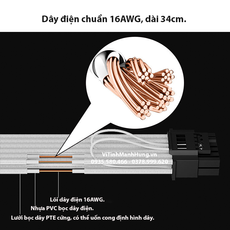 Dây nguồn cho VGA RTX 4090 / 4080 / 4070, dây chuyển 3 đầu 8 pin VGA ...