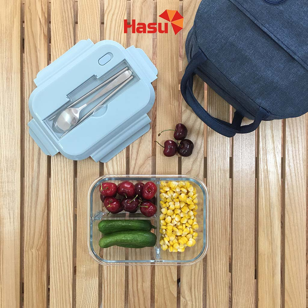 Hộp cơm 3 ngăn thủy tinh chống tràn kèm bộ đũa thìa inox dùng được lò ...