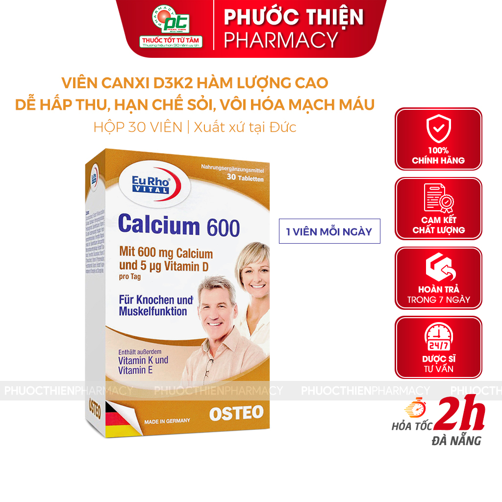 Canxi D3 K2 Đức cho bà bầu, người lớn EuRho Vital Calcium 600 hỗ trợ xương khớp hộp 30 viên ...