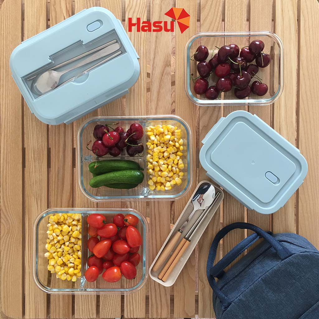 Hộp cơm thủy tinh chia 3 - 2 - 1 ngăn văn phòng kèm bộ đũa thìa inox ...