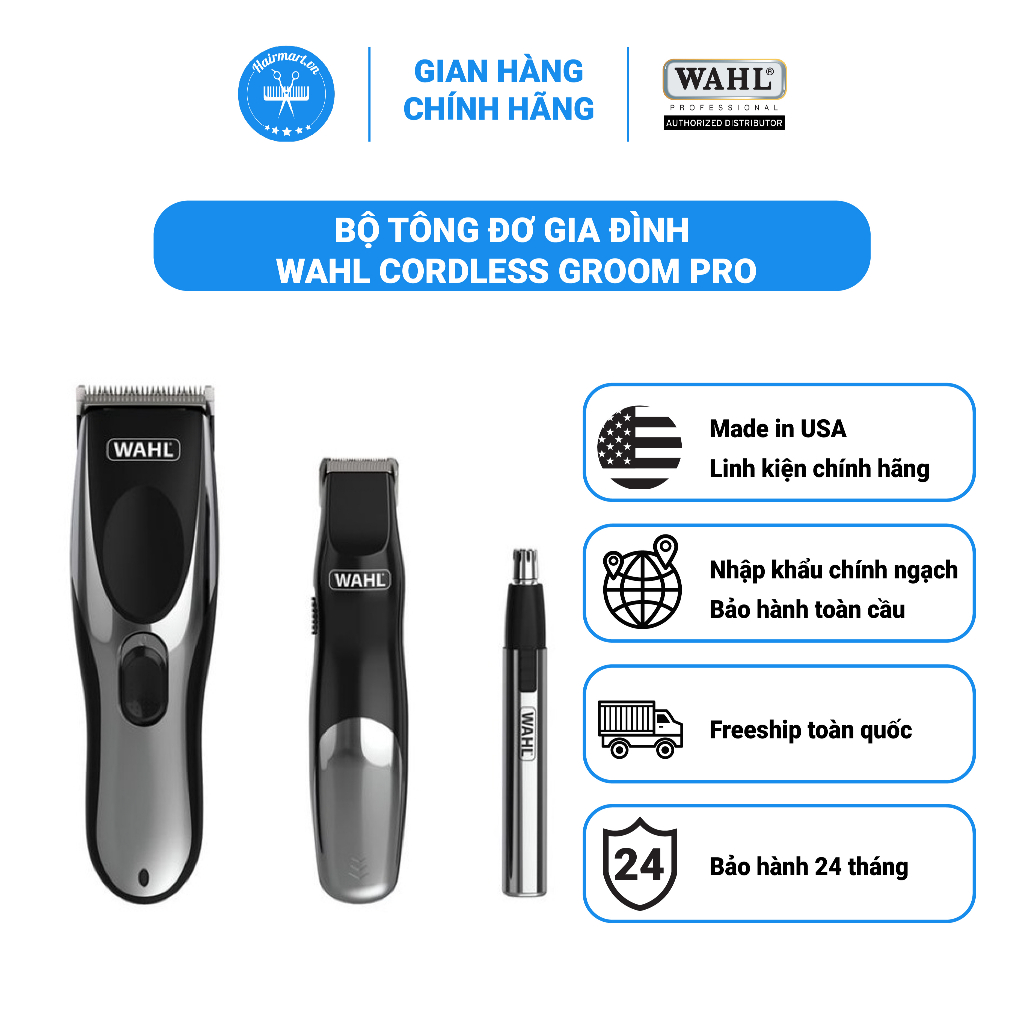 Bộ tông đơ gia đình WAHL Cordless Groom Pro đủ bộ 23 chi tiết bảo hành ...