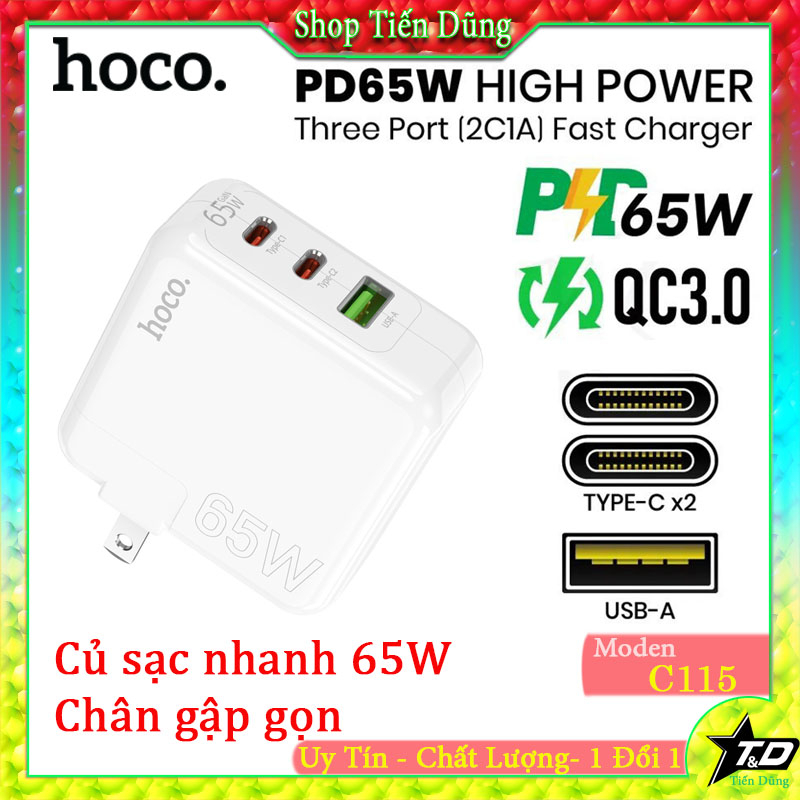 Củ sạc nhanh 65W Hoco C115 PD65W + QC3.0 với 2 cổng Type-C và 1 x USB ...
