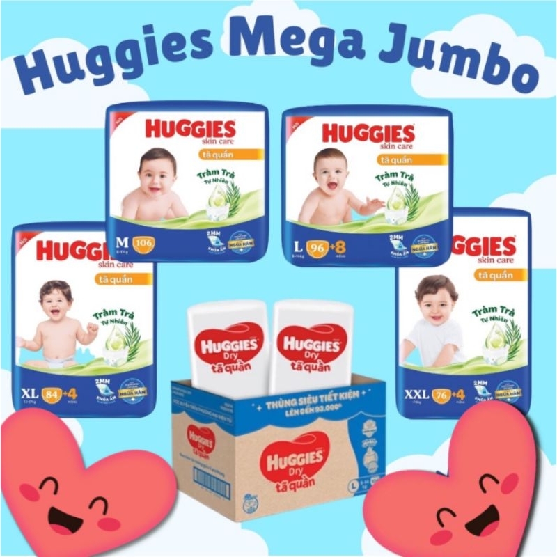 Tã quần Huggies Skincare Mega Jumbo M106/L96+8/XL84+4/XXL76+4 | Shopee ...