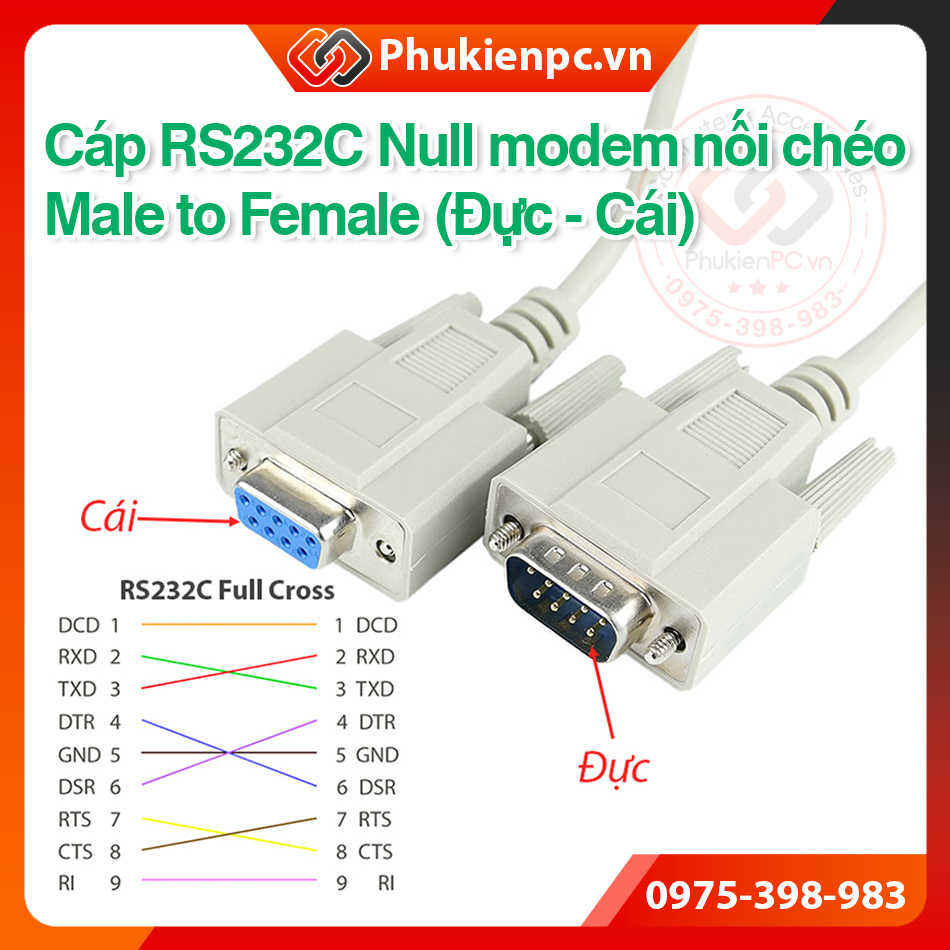 Cáp COM DB9 RS232c Male-Female Null modem Full Cross đực-cái nối chéo ...