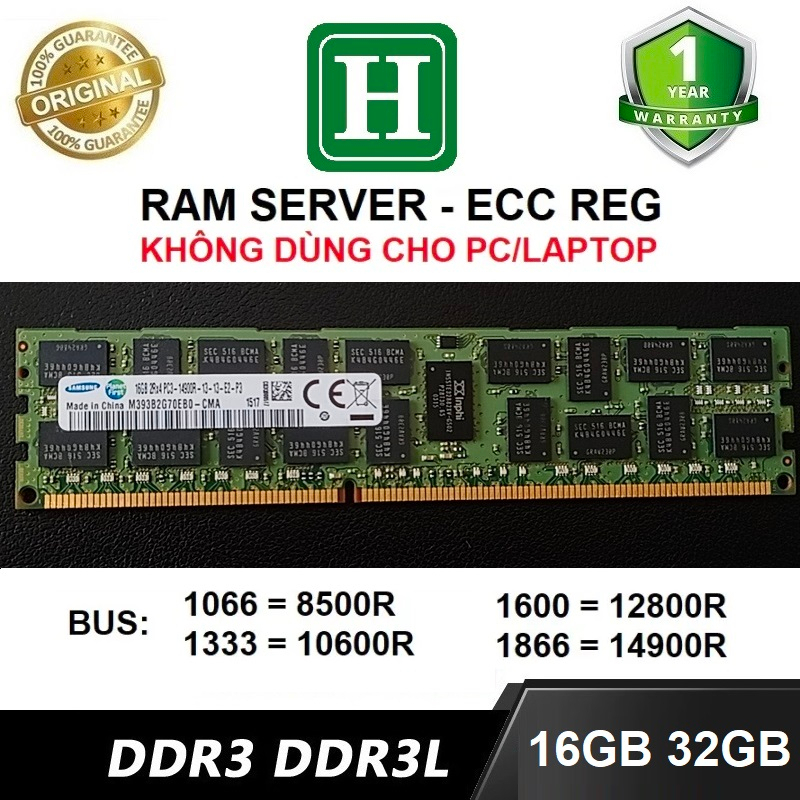 Ram server ECC REG 32gb, 16gb DDR3 bus 1866, 1600, 1333, hàng tháo máy chính hãng, bảo hành 12 ...